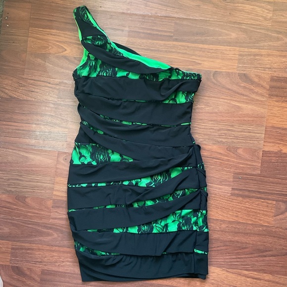 Ruby Rox | Dresses | Neon Green One Shoulder Mini Dress With Black Lace ...